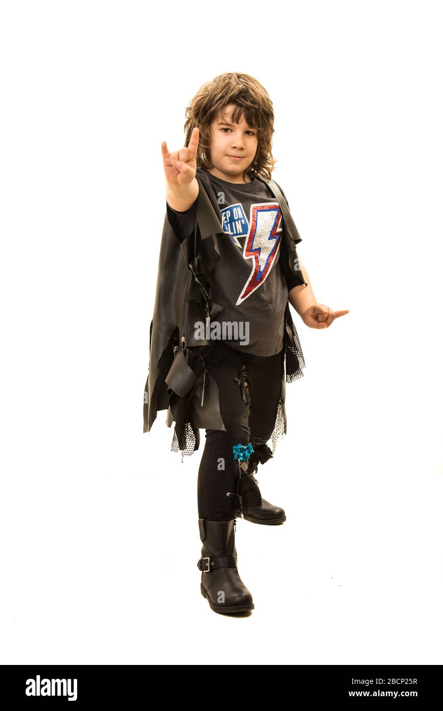Rocker kid boy gesturing isolate don white background Stock Photo - Alamy