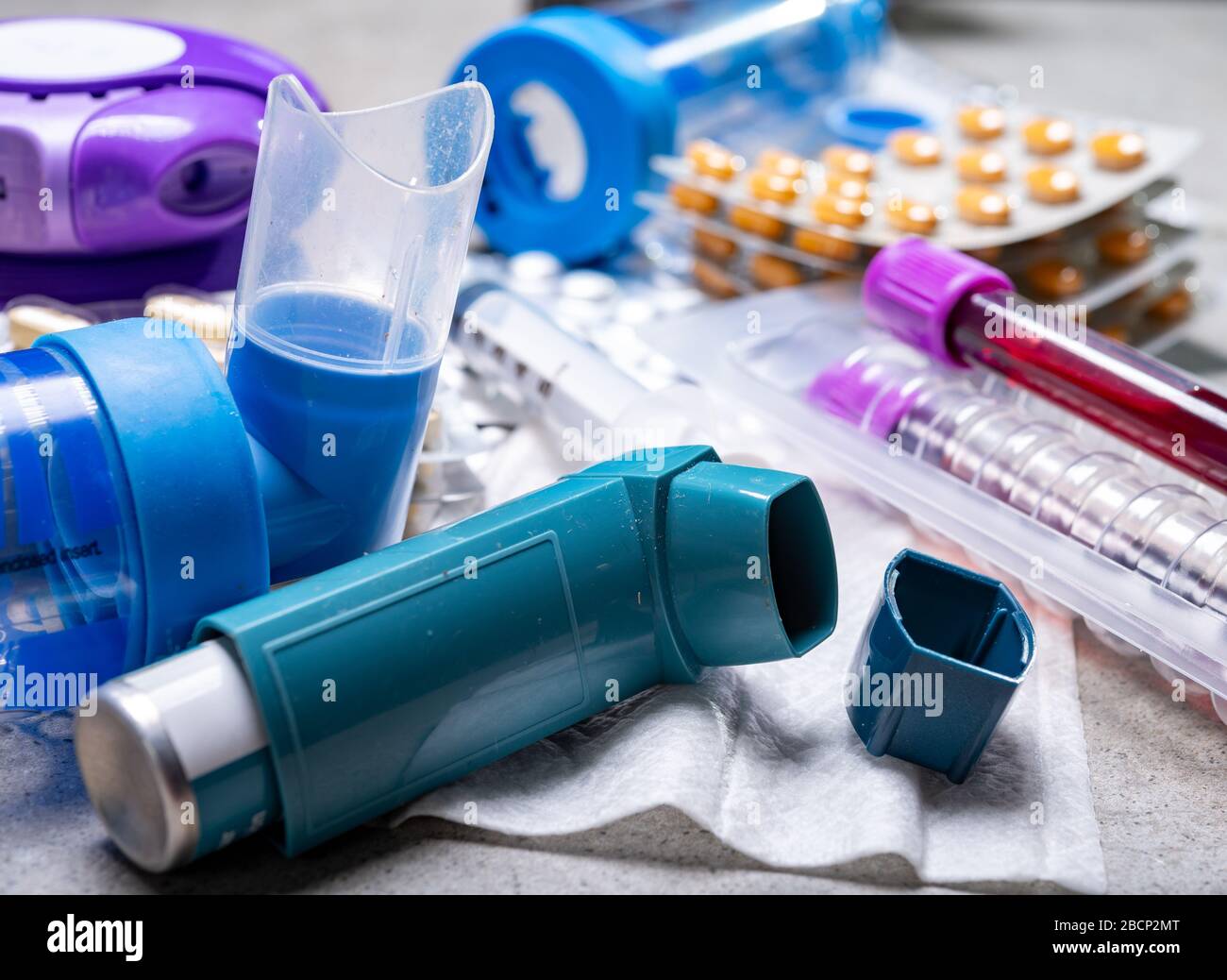 Different medicaments for asthma threatment, pills, inhalers, blood ...