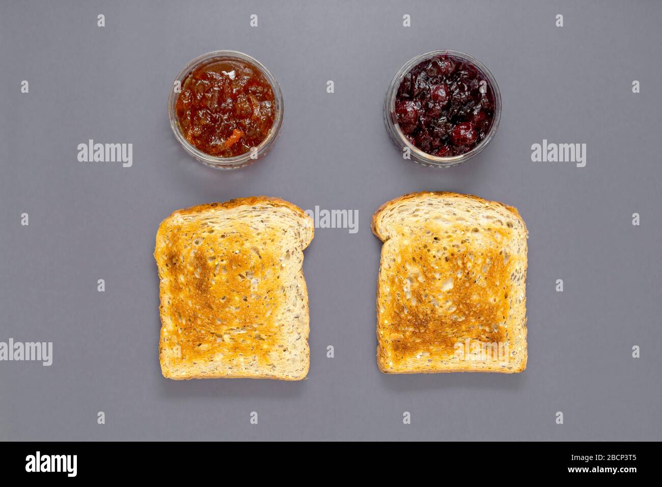 Toasted bread with fruit jams, top view with copy space for text Stock ...