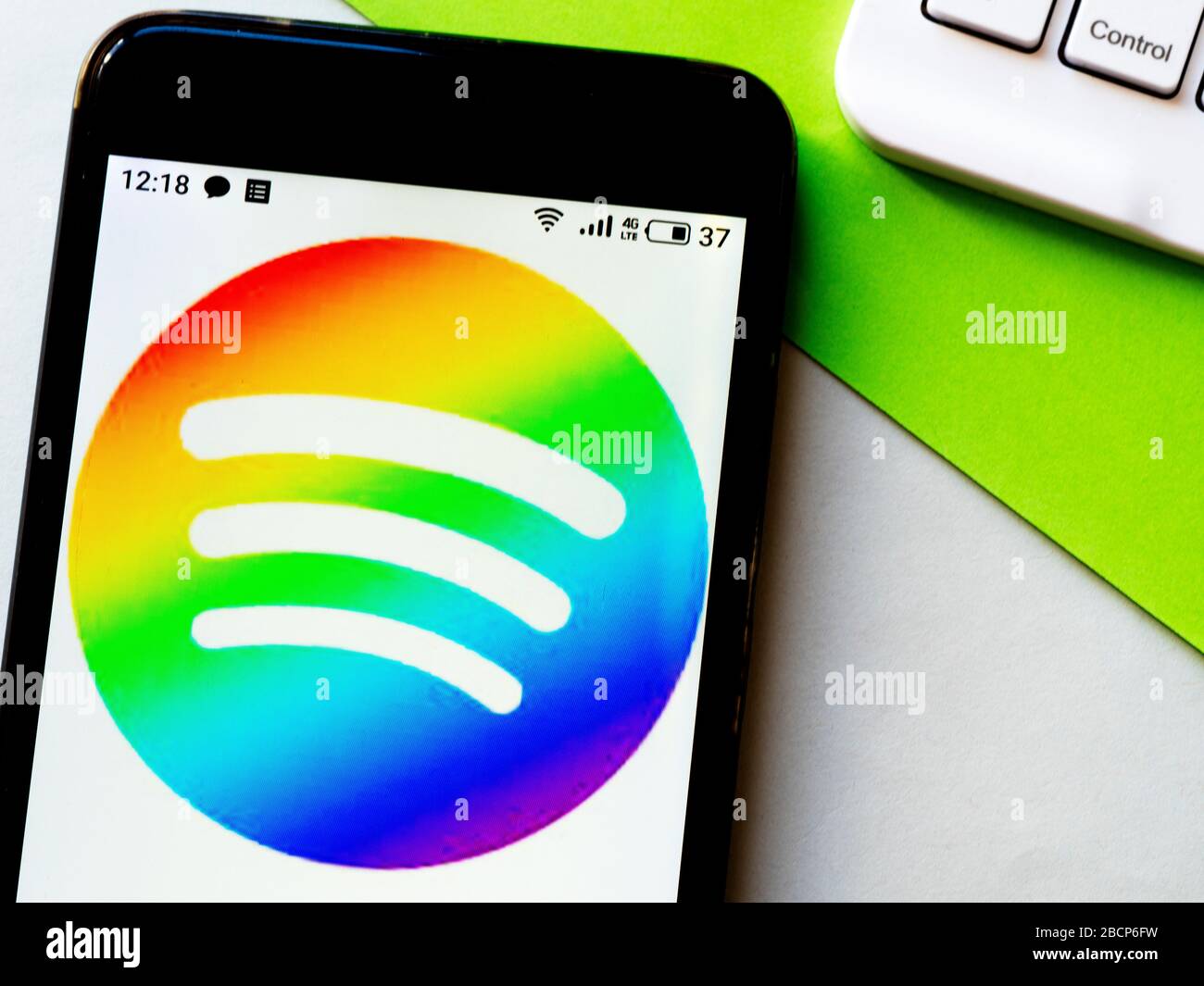 In this photo illustration Spotify logo is seen displayed on a ...