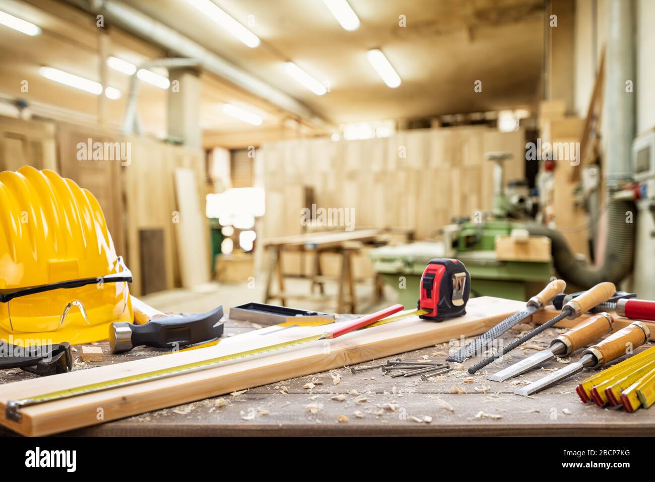 Close-up. Carpenter's workbench with tools for woodworking ...