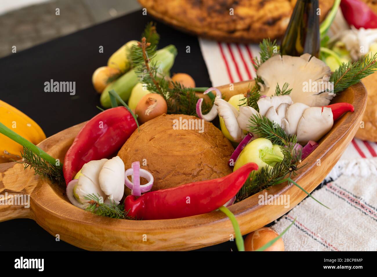 Traditional food from Transylvania - pork bacon, smoked meat with onion ...