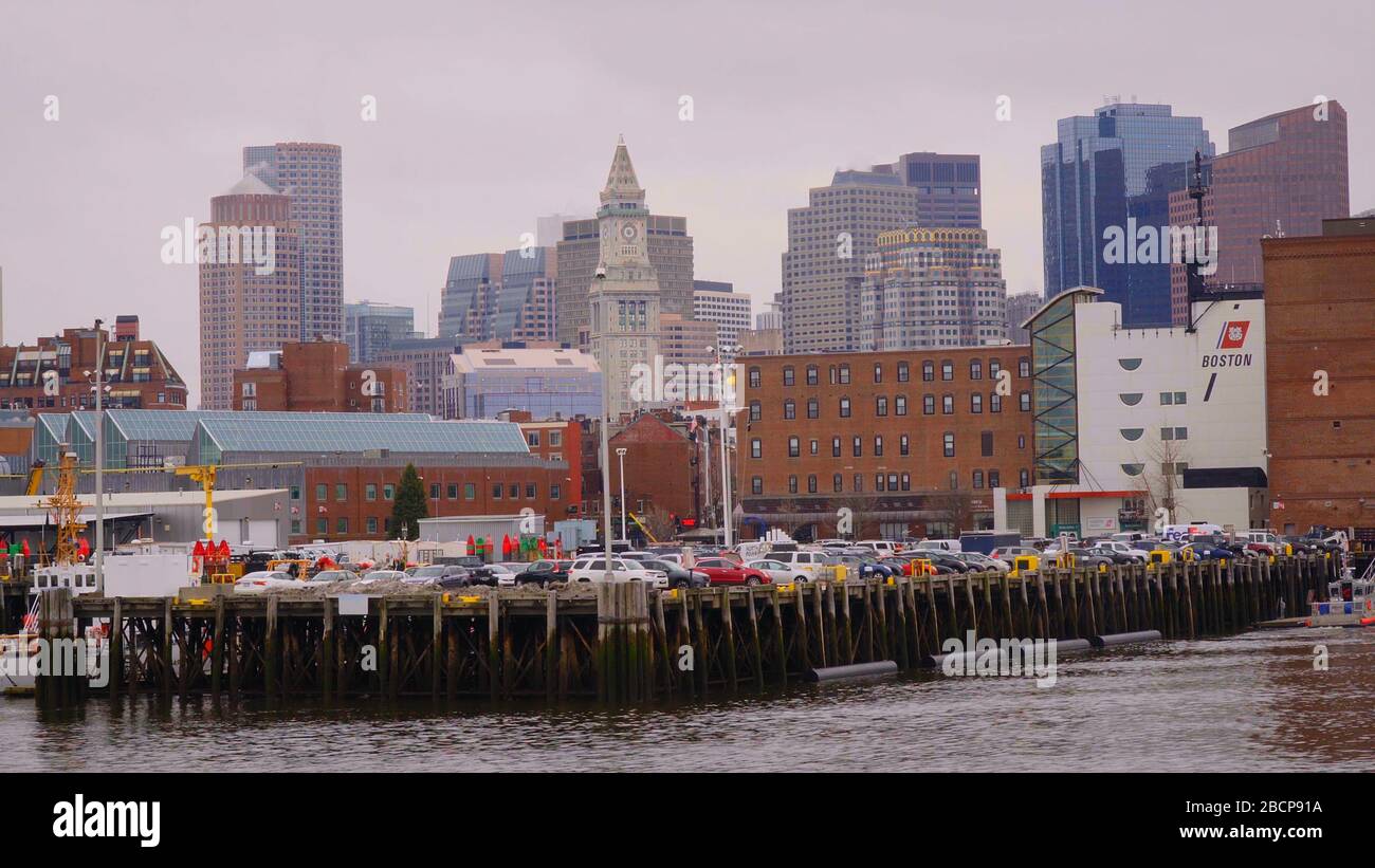 Pier and Parking lot at Boston harbor - BOSTON. UNITED STATES - APRIL 5 ...