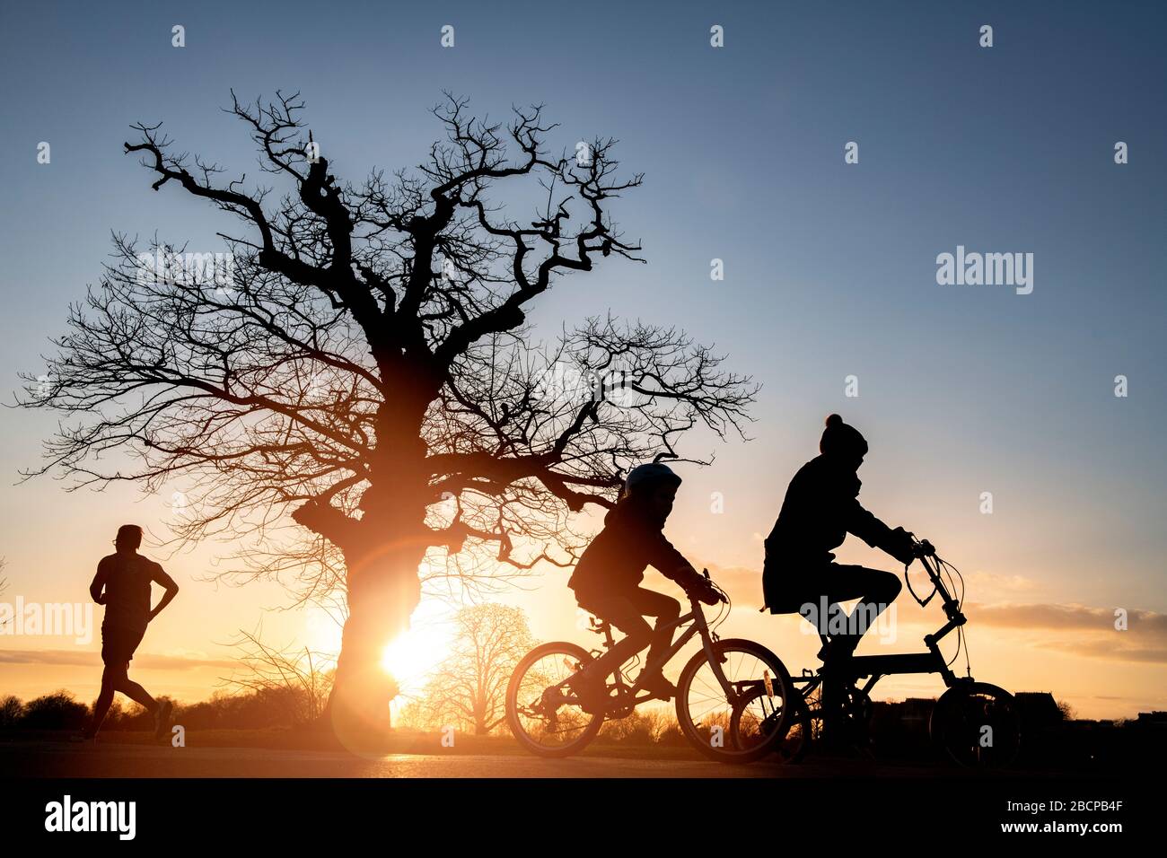 Friends cycle together on Clapham Common with a runner (under lock down ...