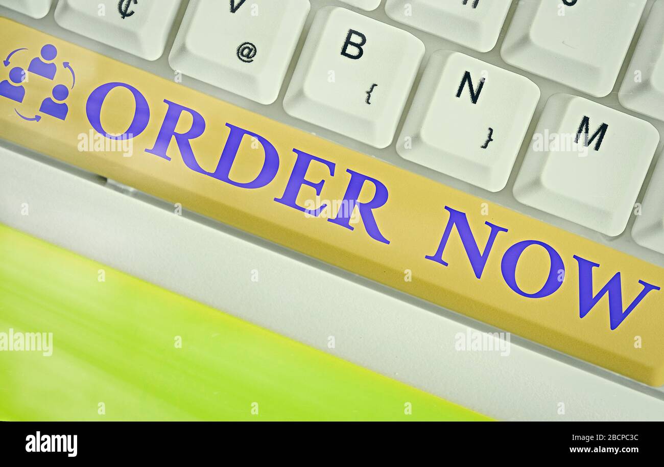 Text sign showing Order Now. Business photo text the activity of asking ...