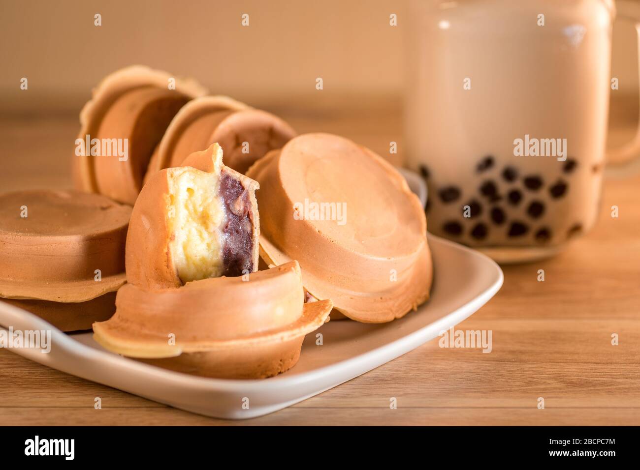 Wheel cake, red bean cake, Bubble tea, Pearl milk tea Stock Photo - Alamy
