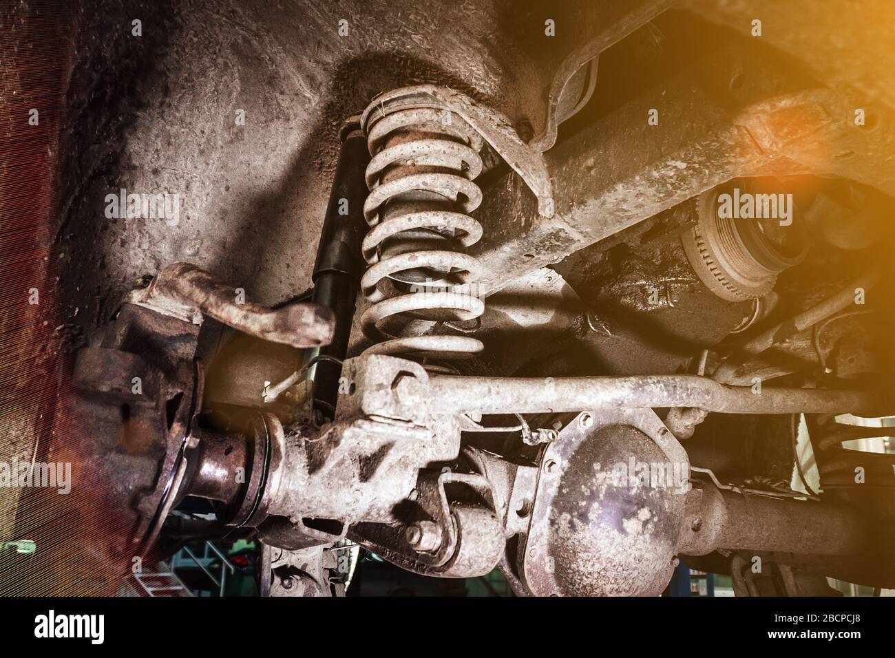 car disassembly without bumper and wheels engine in a vehicle repair ...
