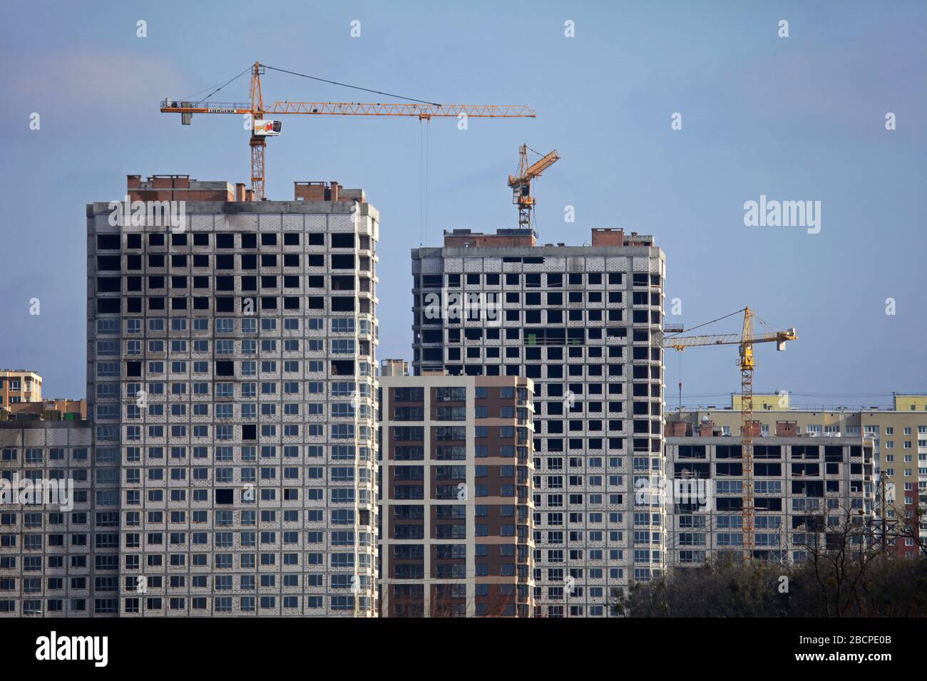 Kiev, Ukraine - February 17, 2019: High-rise construction cranes and ...