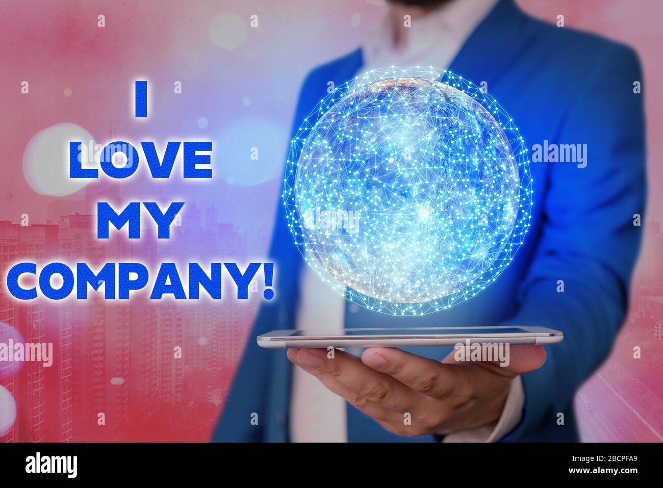 Text sign showing I Love My Company. Business photo showcasing tell why ...
