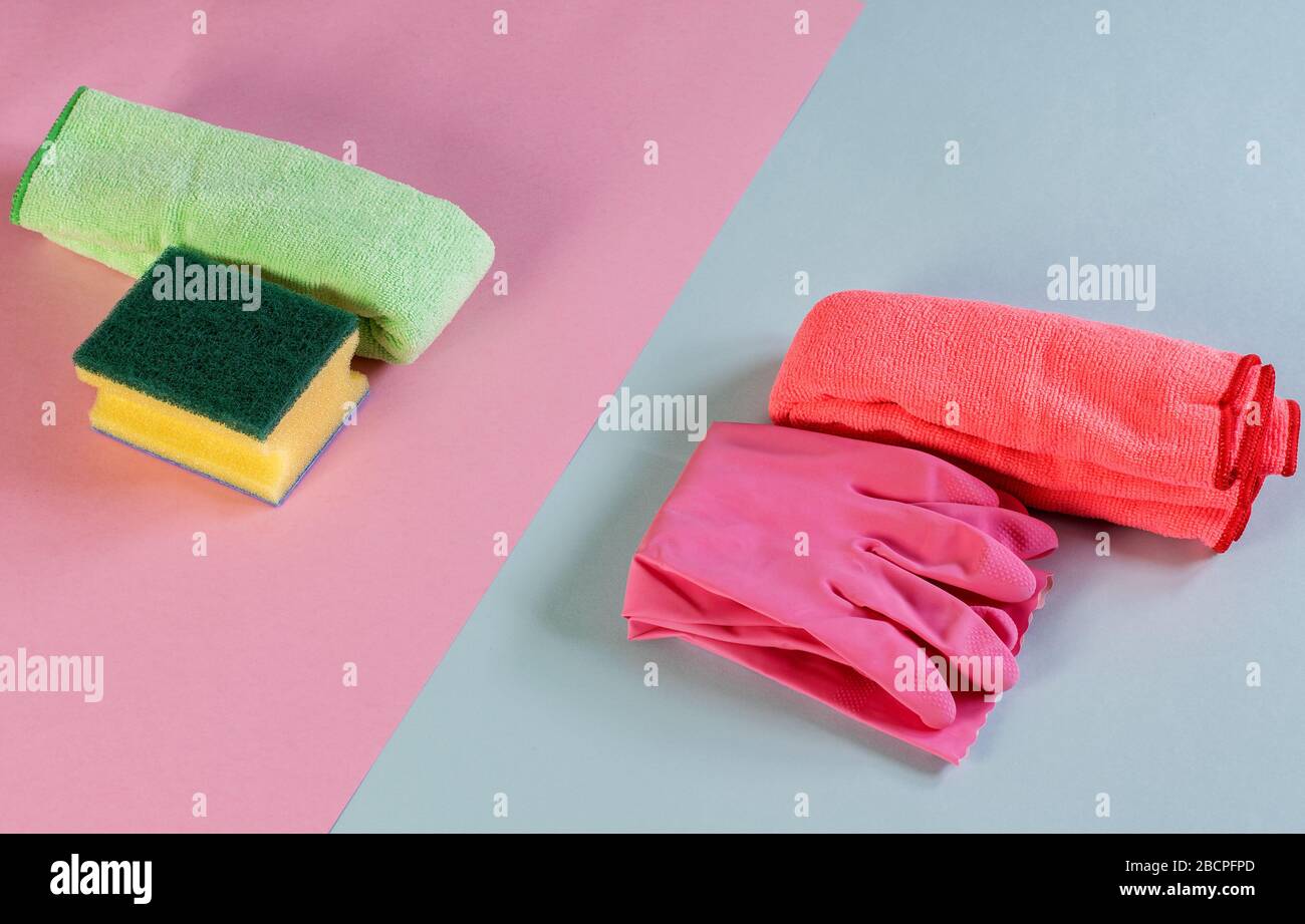 Flat lay with cleaning products closeup, isolated, top view. Higiene ...