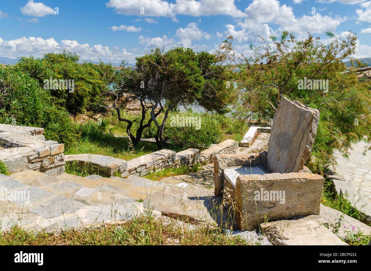 Stone armchair in the ancient theater on the island of Paros. Cyclades ...