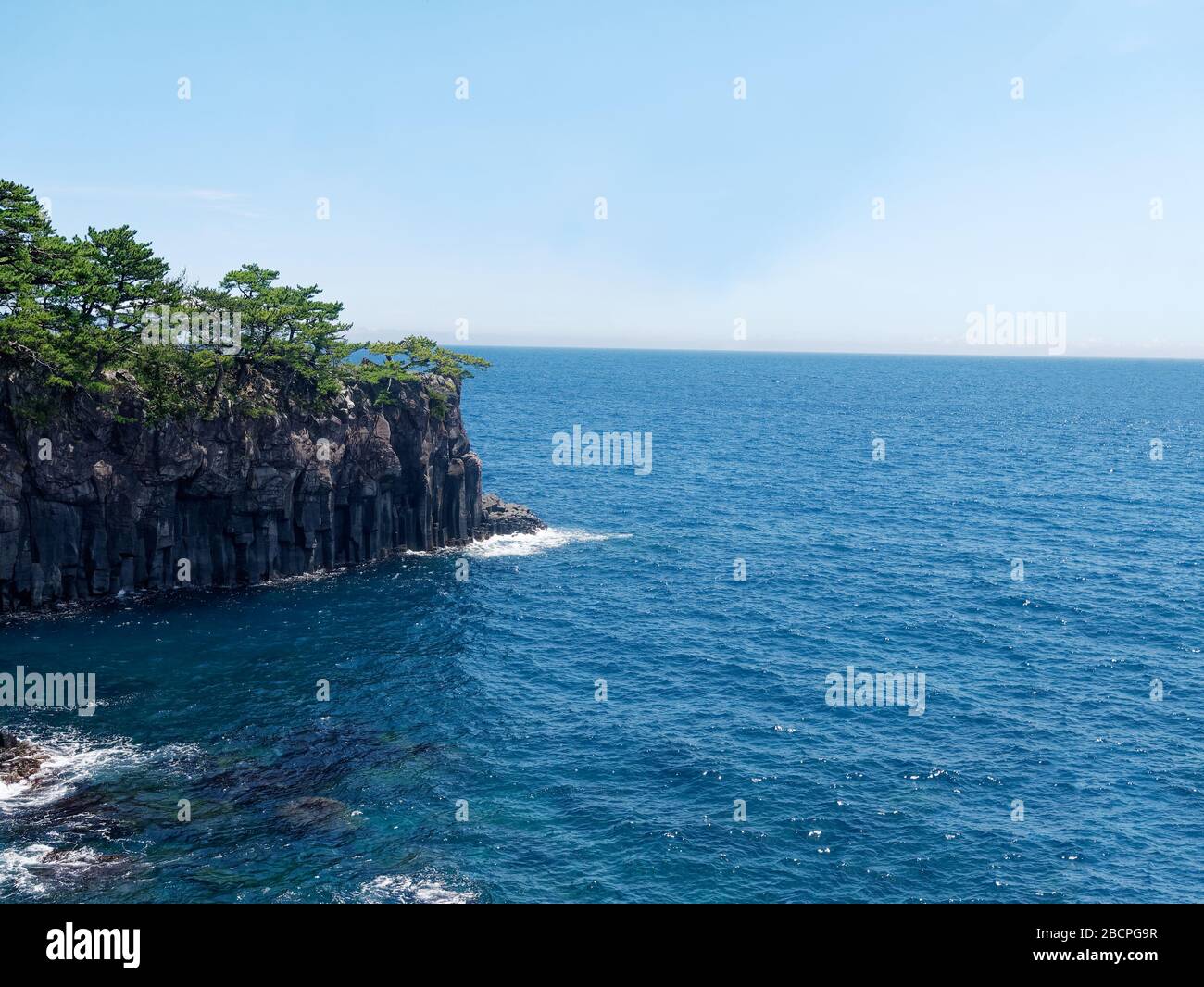 View of wild rocky cliffs with columnar joints and pine trees ...