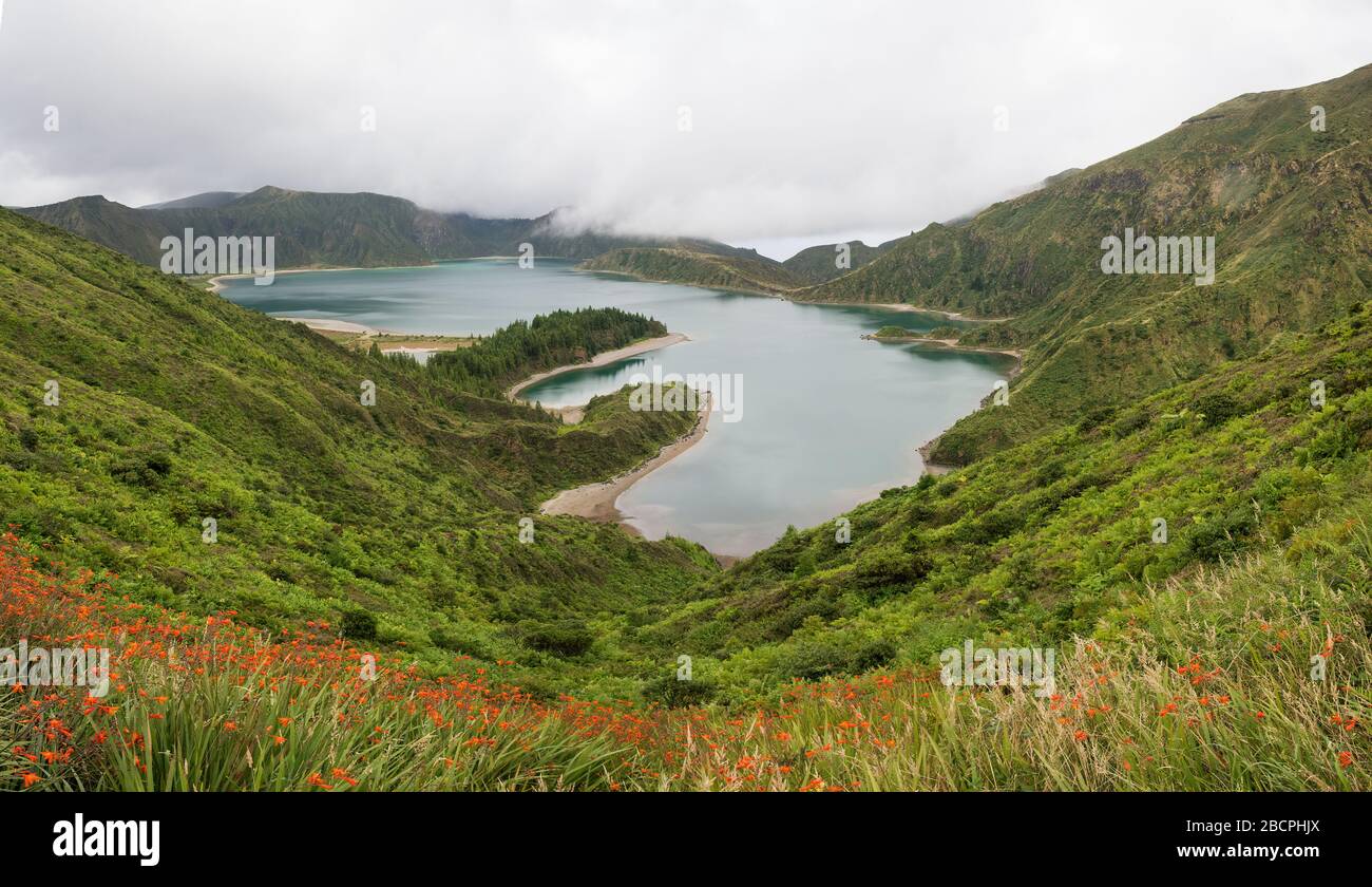 Lagoa do Fogo (Lake of Fire) panorama, Sao Migel, Azores Islands, Sao ...
