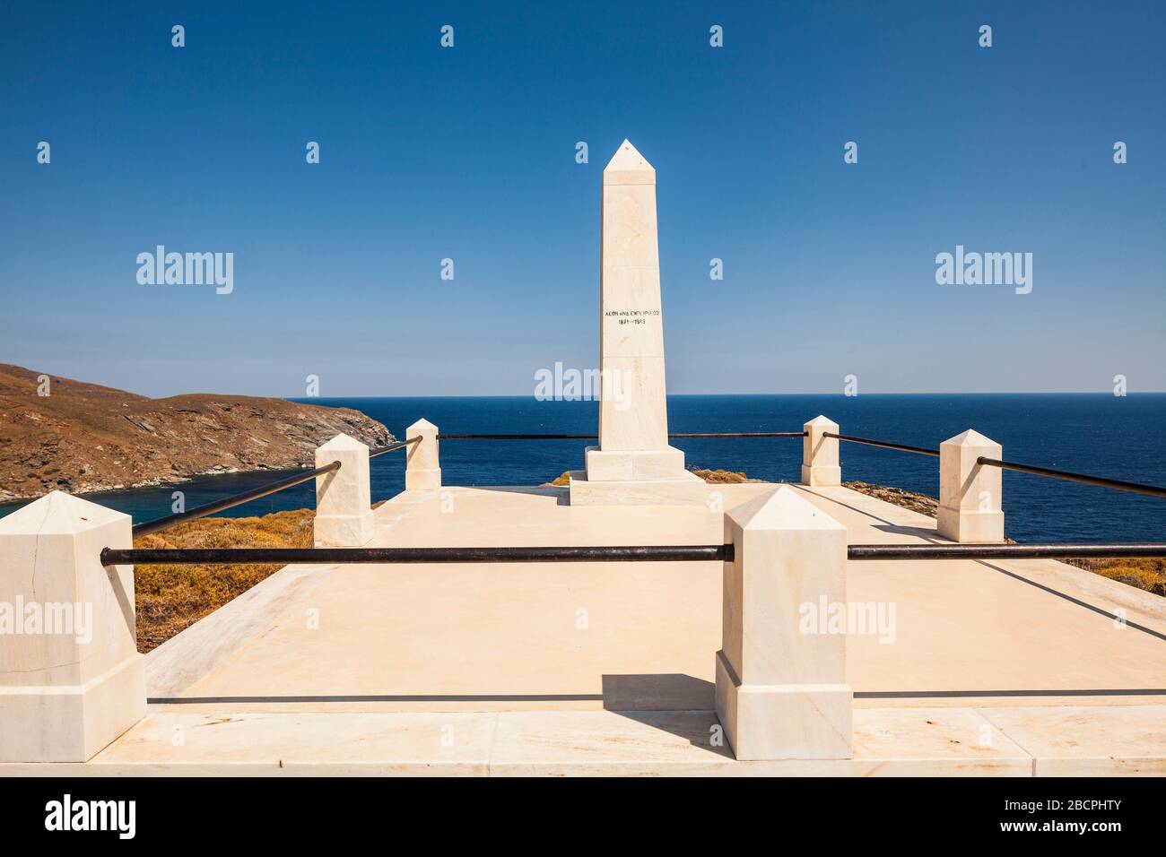 Greece, Cyclades archipelago, Andros island, Stenies, obelisk and tomb ...