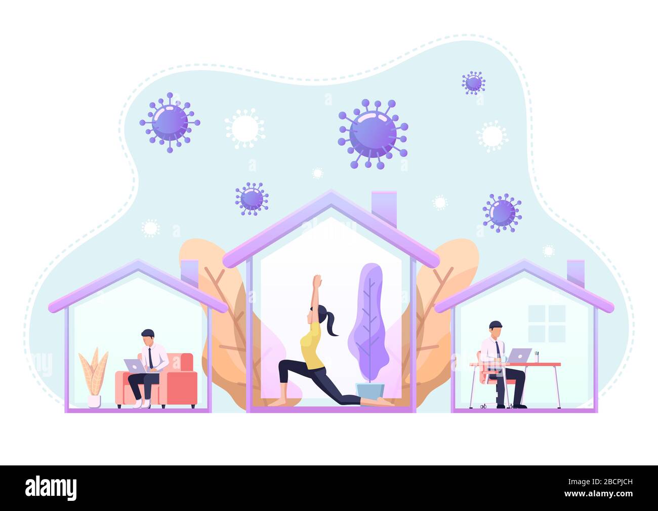 People doing activity or working at home to prevent COVID-19 ...