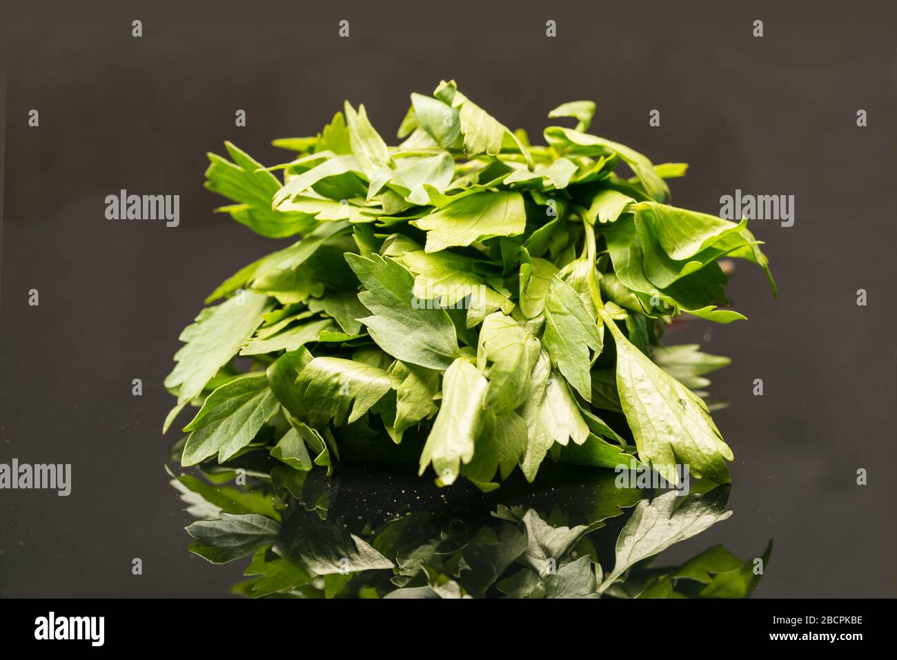 Fresh bunch of lovage against black background with reflection Stock ...