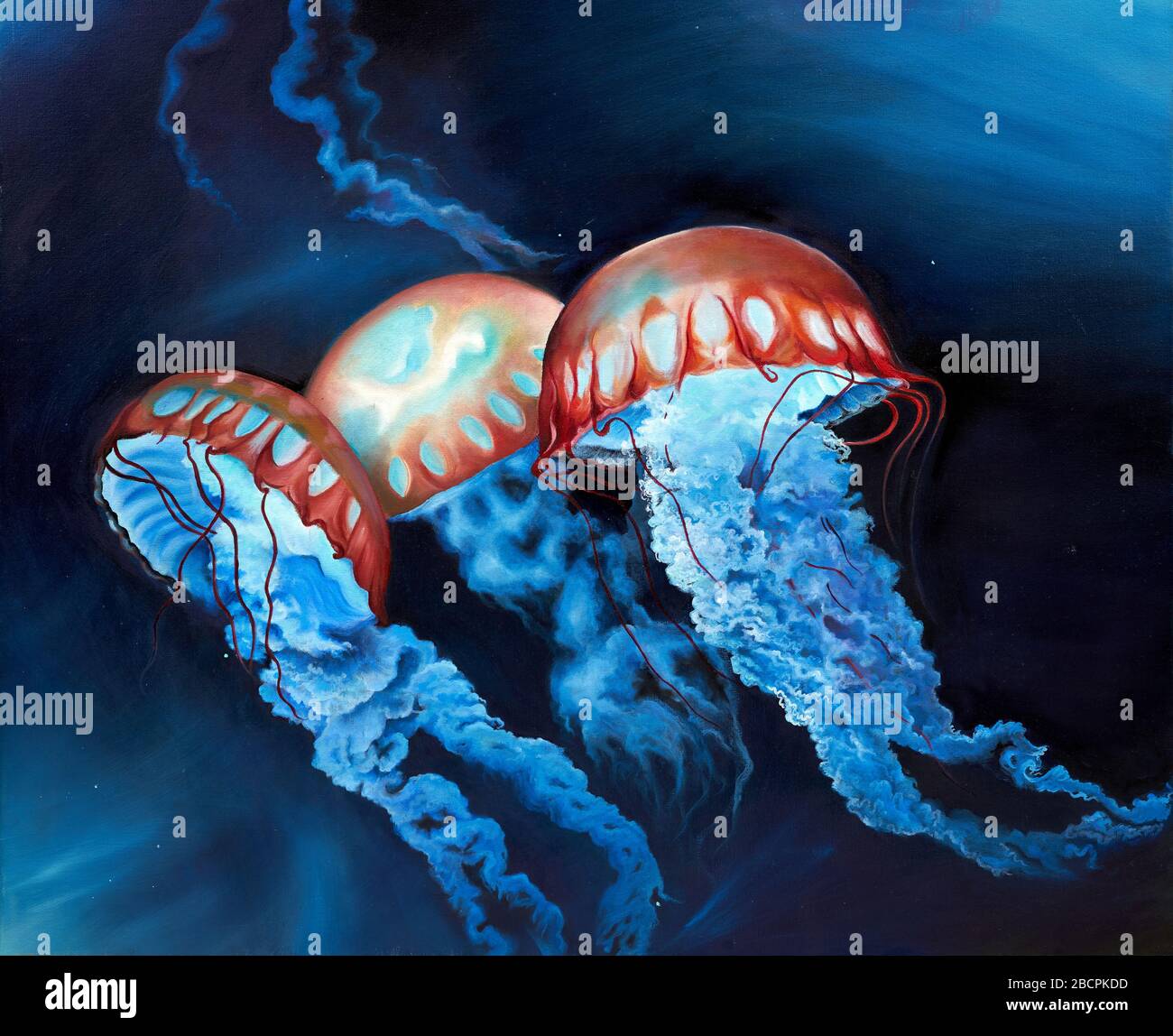Original oil painting on canvas of three jellyfish under water Stock ...
