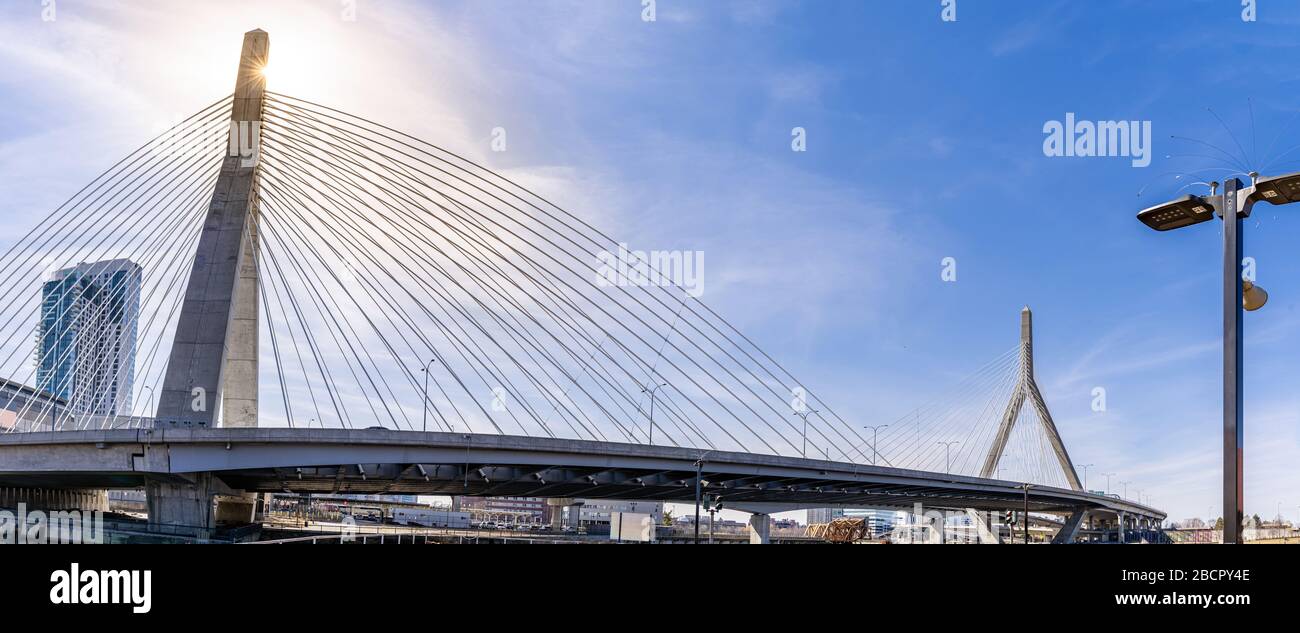 Panorama Boston Zakim bridge over Charles river Boston bay harbor at ...