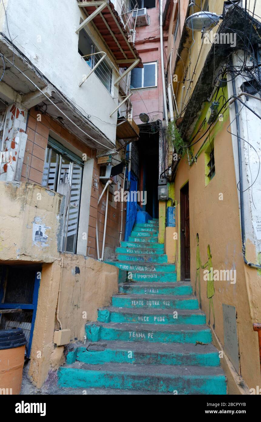 The landmark blue steps in Rochina Favela, Rio De Janeiro, Brazil Stock ...