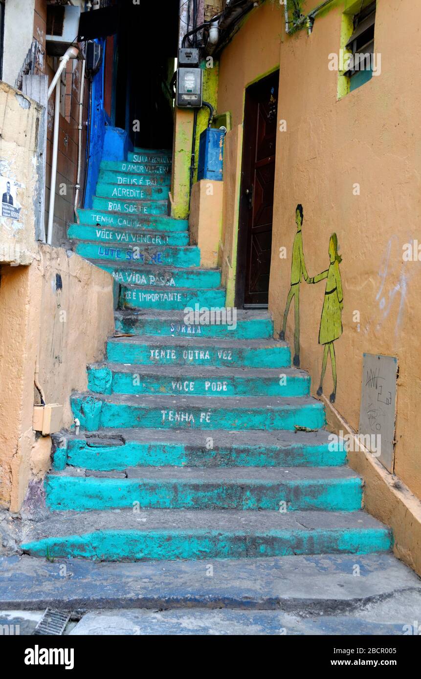 The landmark blue steps in Rochina Favela, Rio De Janeiro, Brazil Stock ...