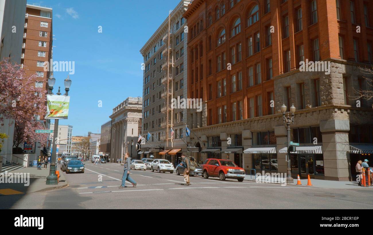 Portland Broadway street view in downtown - PORTLAND, OREGON - APRIL 16 ...