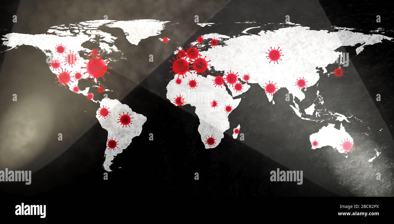 Illustration of a world map view on corona virus covid-19 outbreak ...