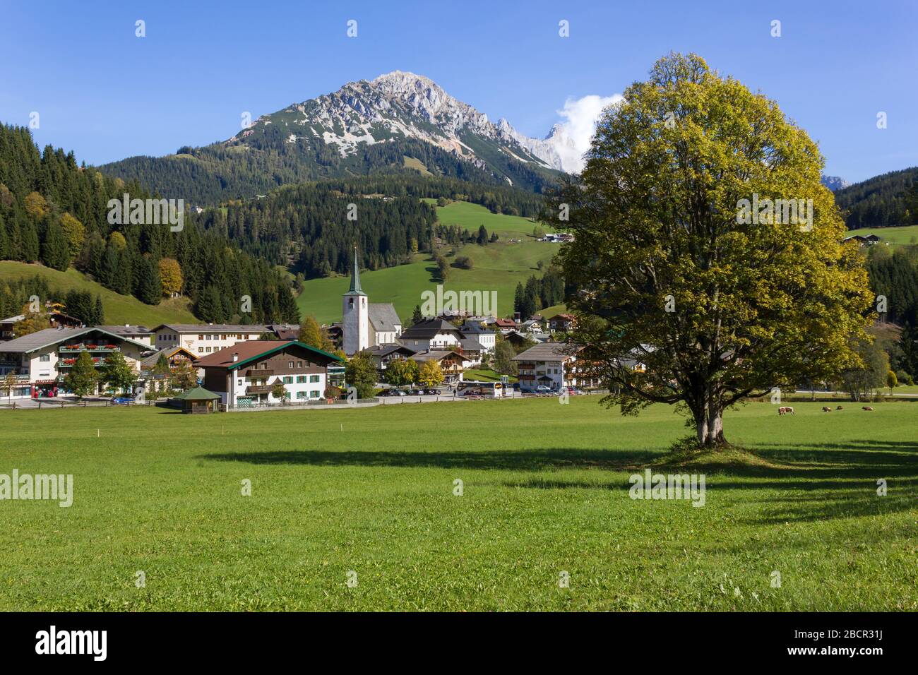 Small village in the Austrian alps with blue sky and the 'Rotelstein ...