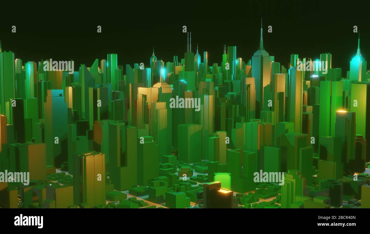 Abstract 3d city rendering with lines and digital elements. Digital ...