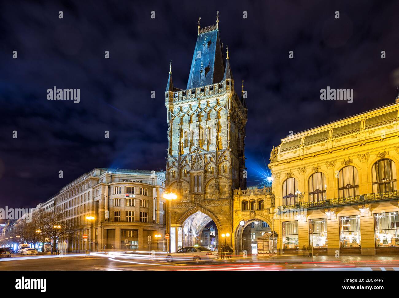PRAGUE, CZECH REPUBLIC - MARCH 09, 2020: Prague at night. View of the illuminated Powder Gate ...