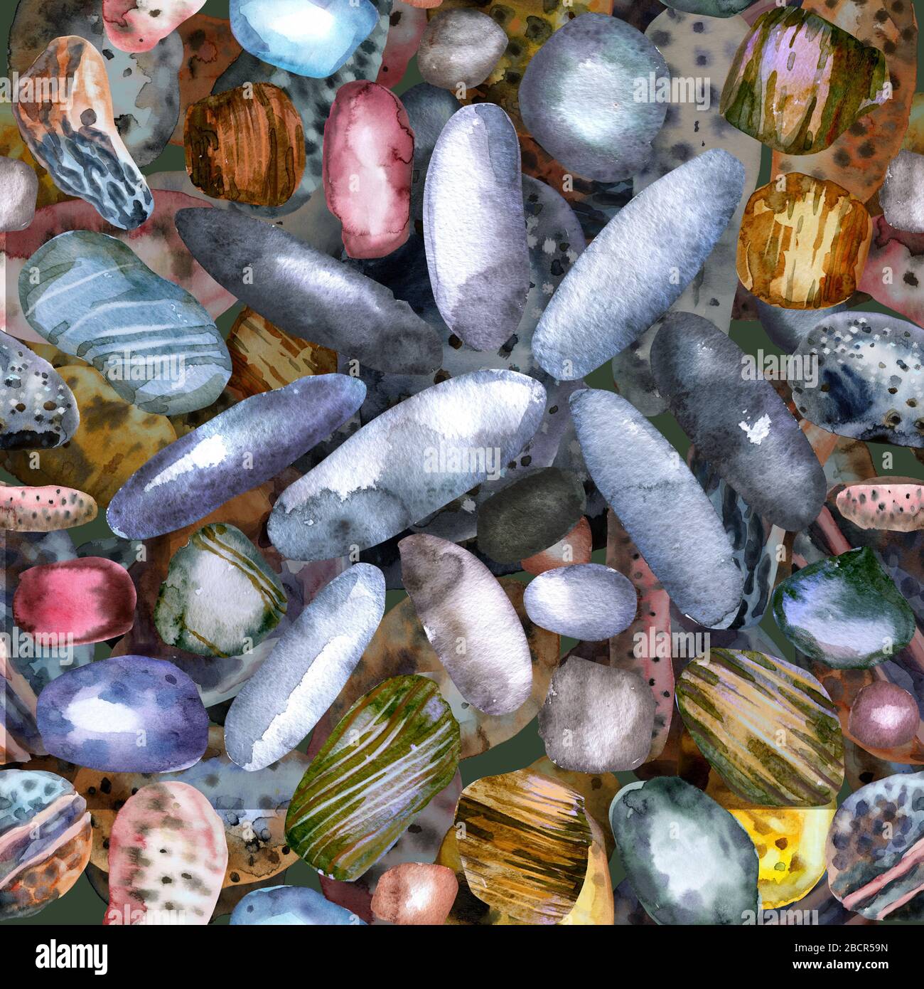 Seamless pattern of watercolour painting flat pebbles Stock Photo - Alamy