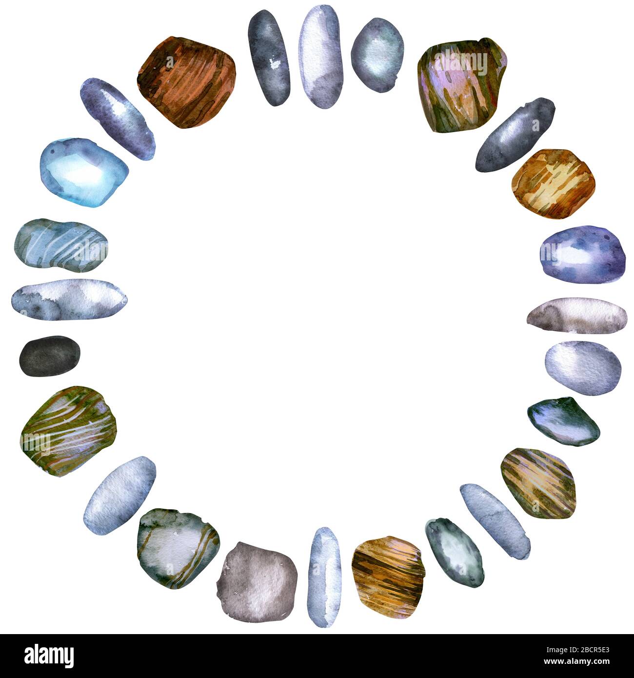 Round frame with pebbles drawing in watercolor Stock Photo - Alamy