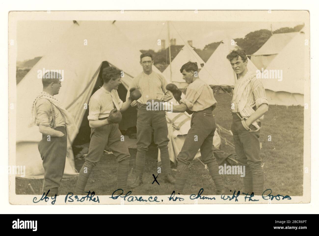 WW1 era postcard of young men in army camp (possibly at Coed Helen camp ...