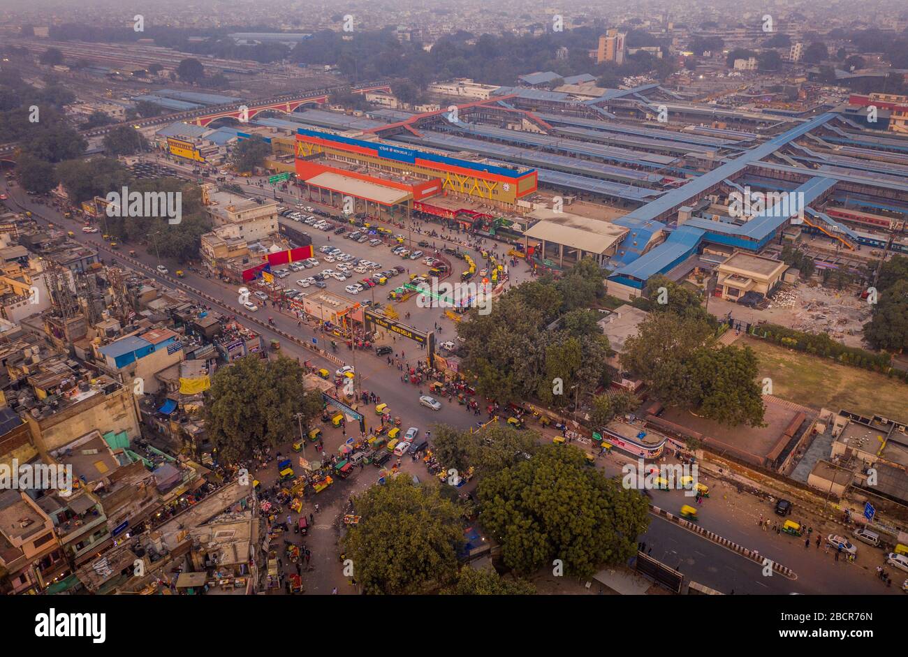 New Delhi main bazaar train station ,India, aerial drone view Stock ...