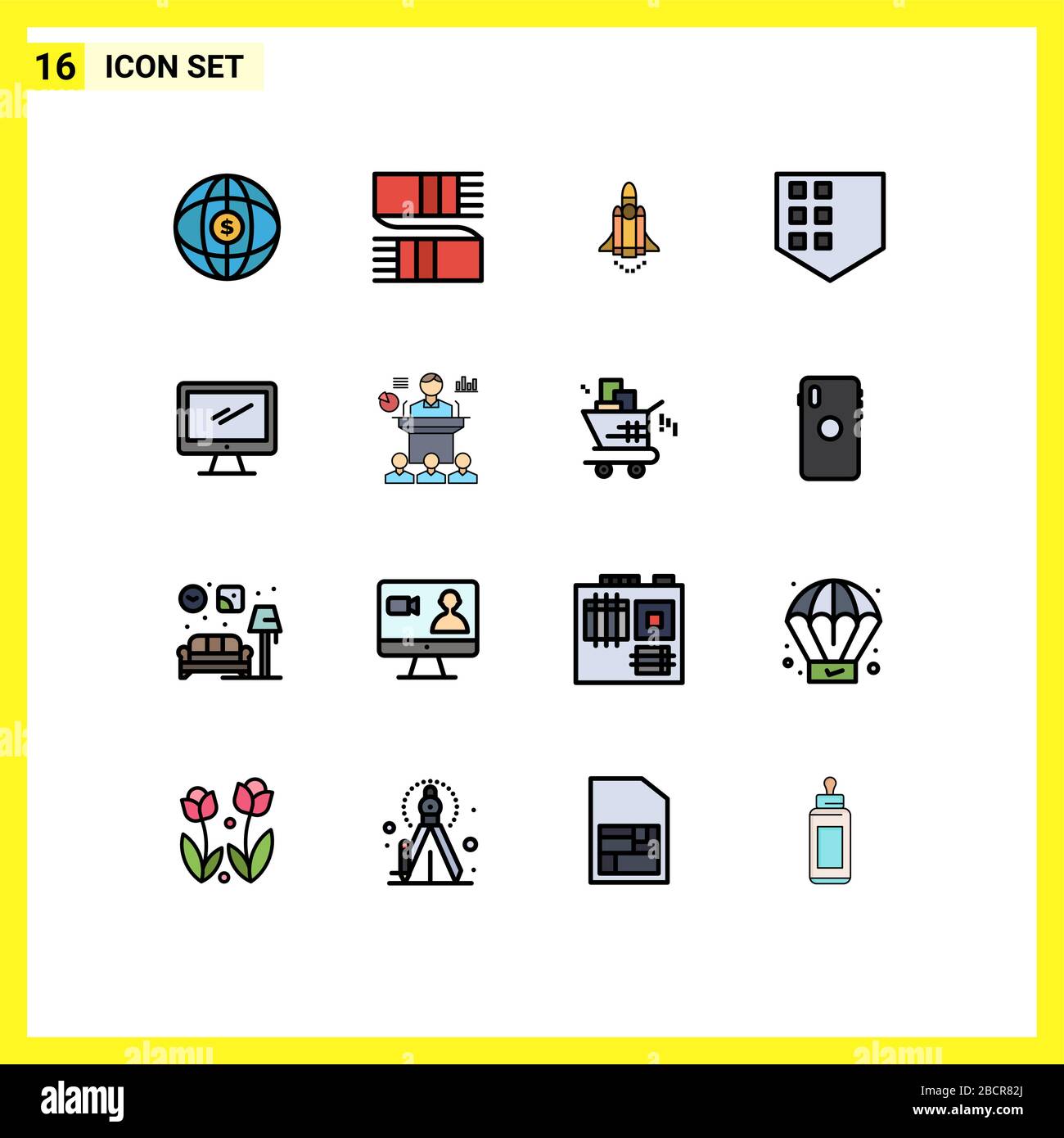 Universal Icon Symbols Group of 16 Modern Flat Color Filled Lines of ...