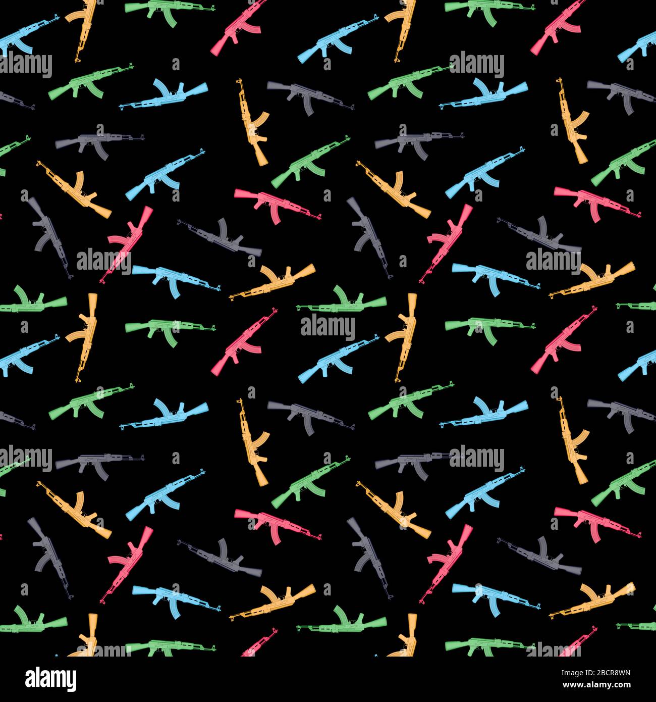 Seamless repeating pattern of colorful ak47 assault rifles on black ...