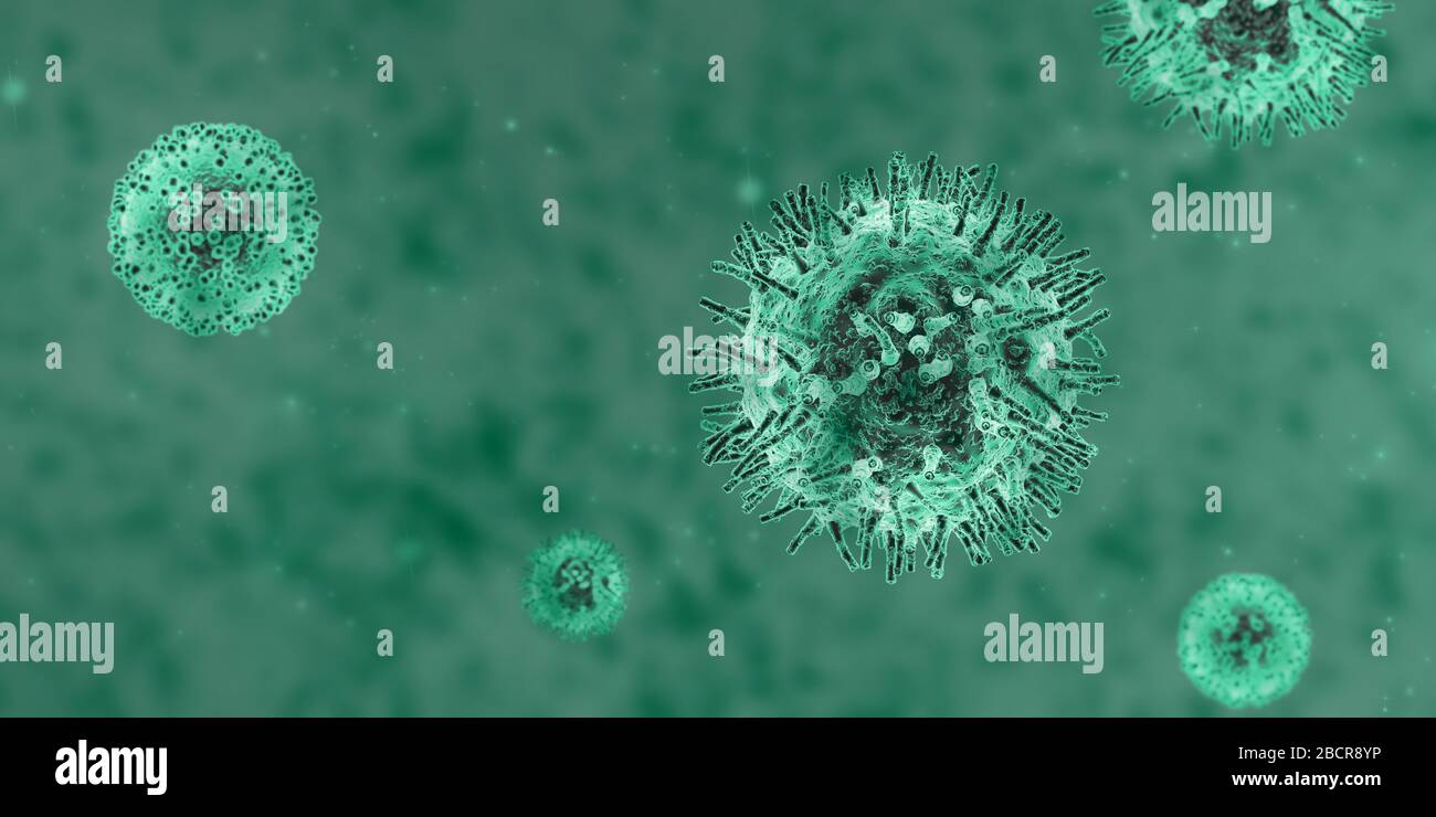 COVID-19 pandemic. Coronavirus cells under microscope on color ...
