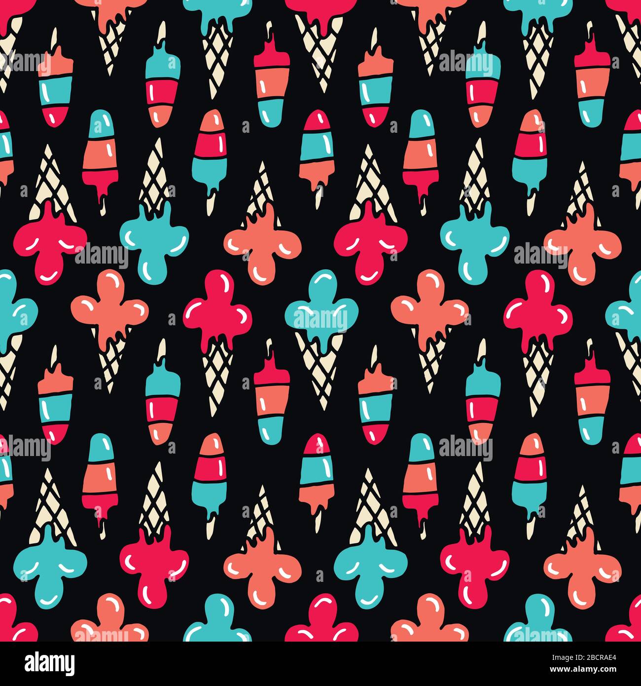 Colorful Hand Drawn Felt Tip Marker Melting Ice Cream Cones And Scoops