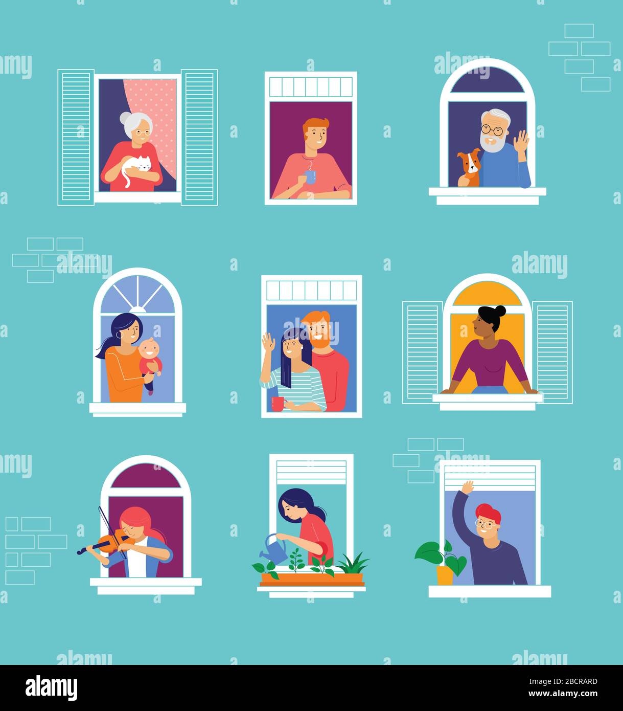 Stay at home, concept design. Different types of people, family ...