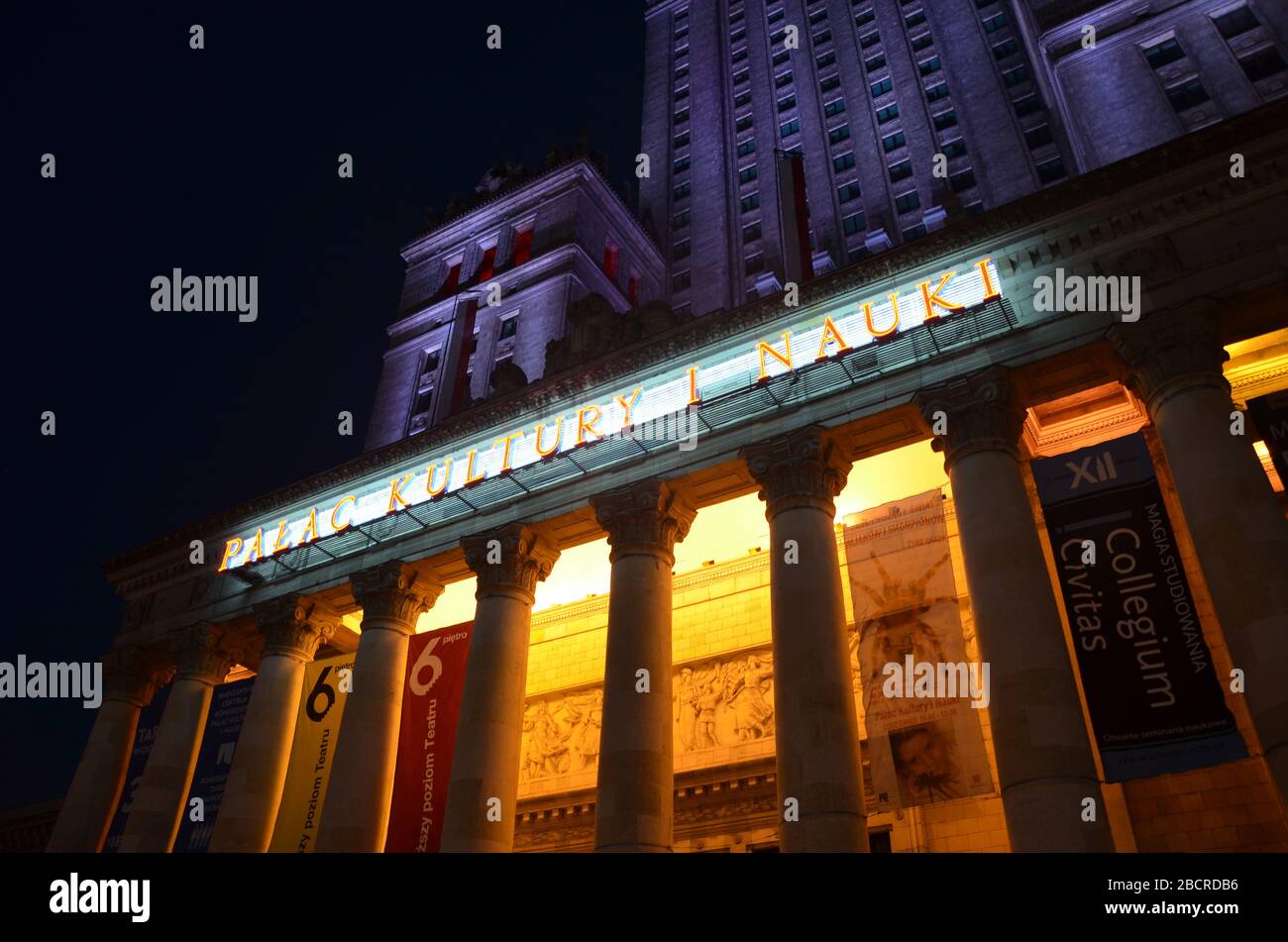 Entrance to the Palace of Culture and Science (PKiN) at night, built ...