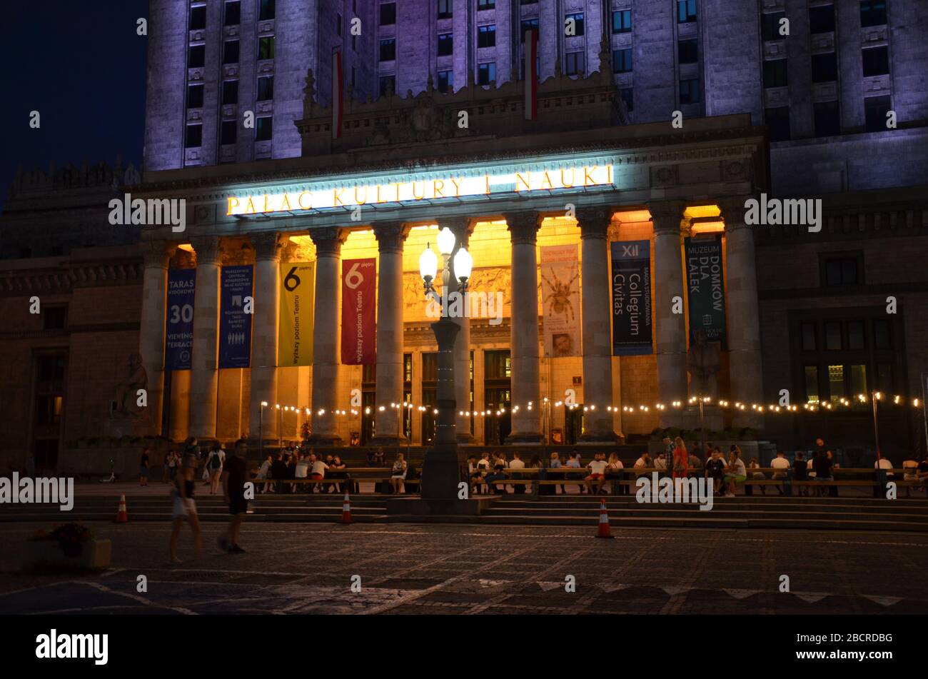 Entrance to the Palace of Culture and Science (PKiN) at night, built ...