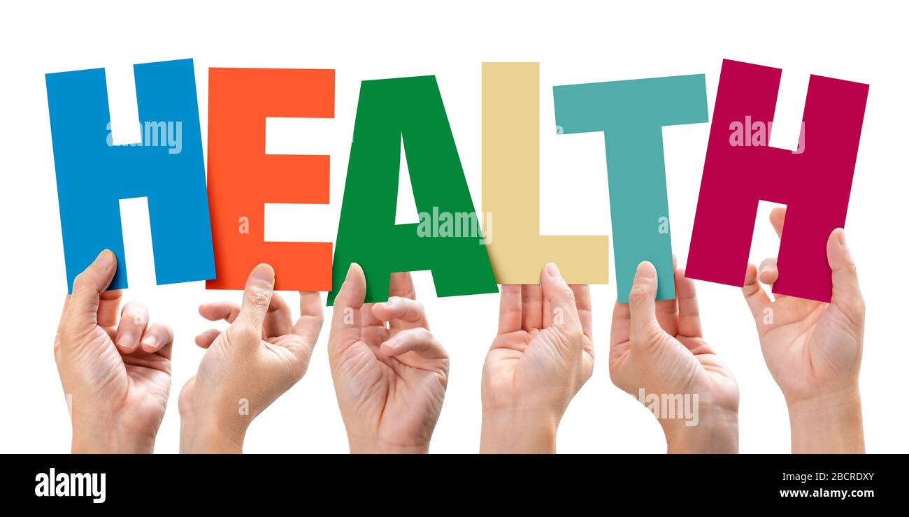Male hands holding color HEALTH alphabets on white background, good ...