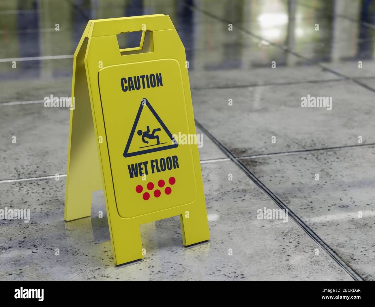 Yellow Wet Floor warning sign placed on wet concrete tile floor Stock ...
