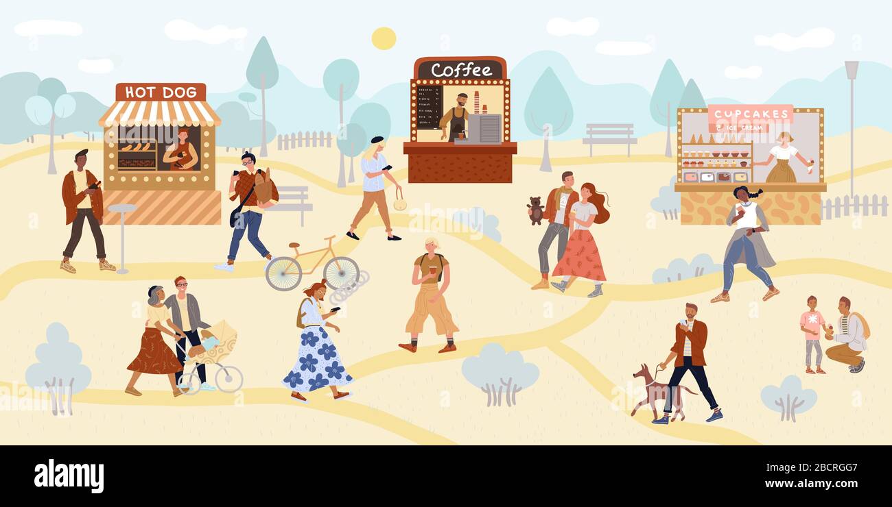 Vector illustration crowd walk in park street food Stock Vector Image ...