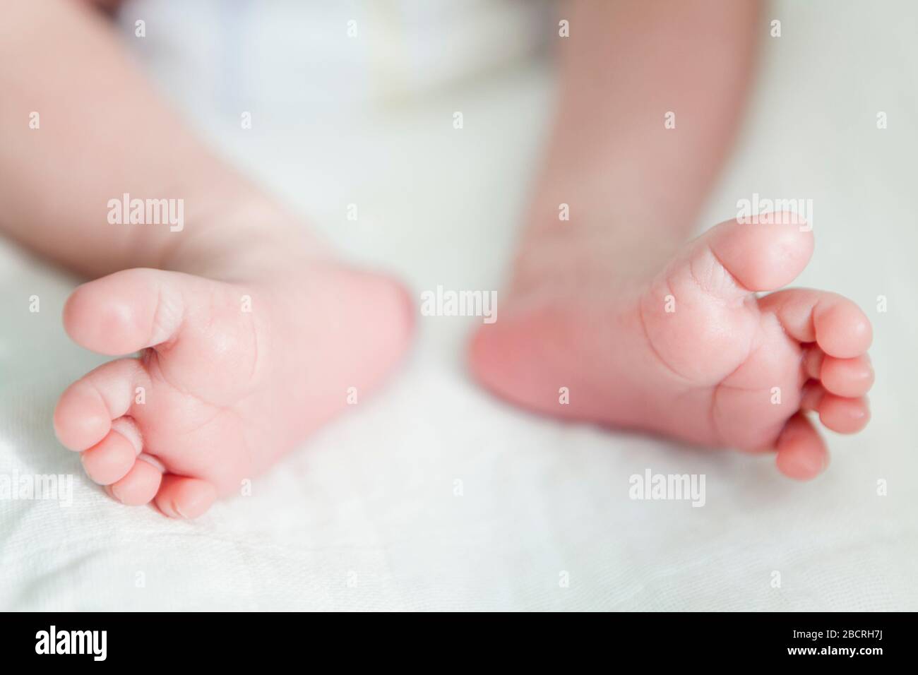 Small legs of baby, lying on white linen in bed, close up view Stock ...