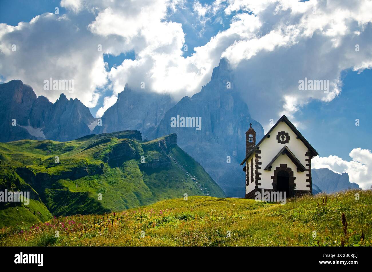 Alone chapel under the dolomite, Italy, Europe - Passo Rolle. Original ...