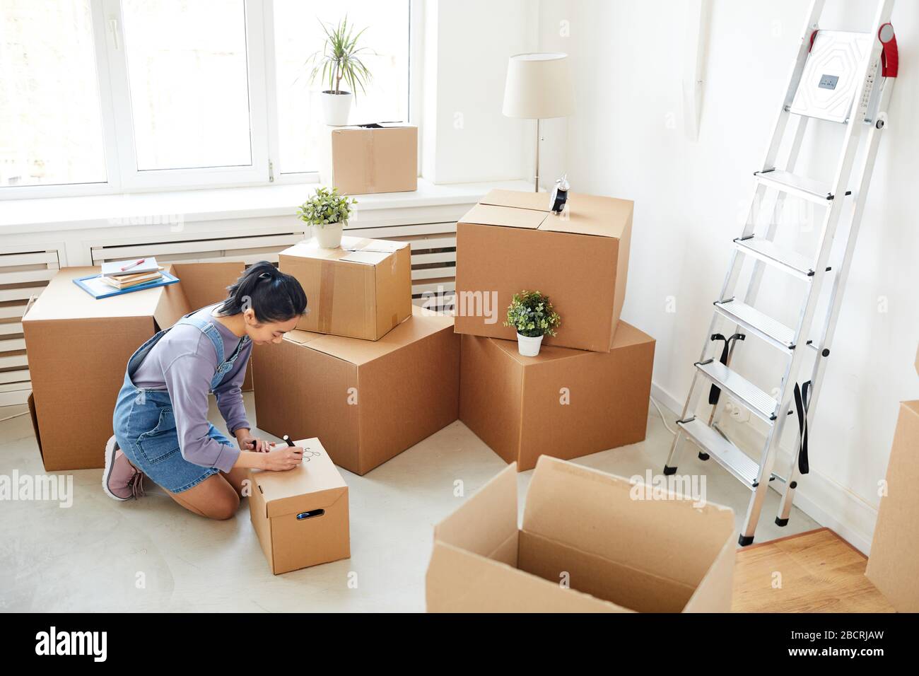 Wide angle background of young Asian woman packing cardboard boxes in ...