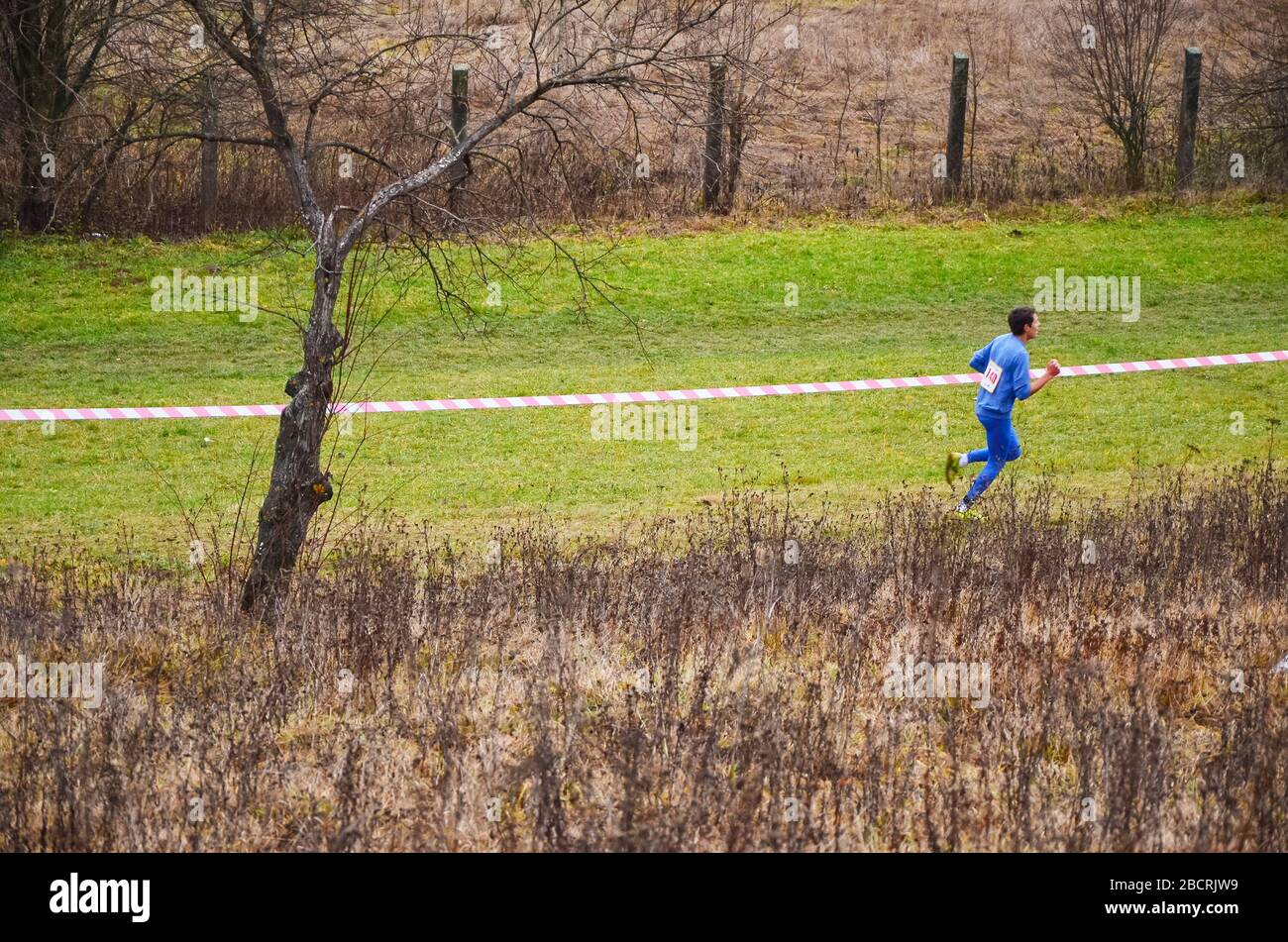 Group of professional cross country athletes running in competition in ...