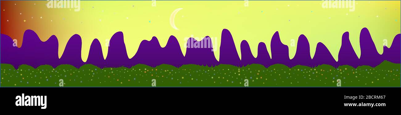 Fancy sky, and mountains landscape. Light colorful skinali art design ...