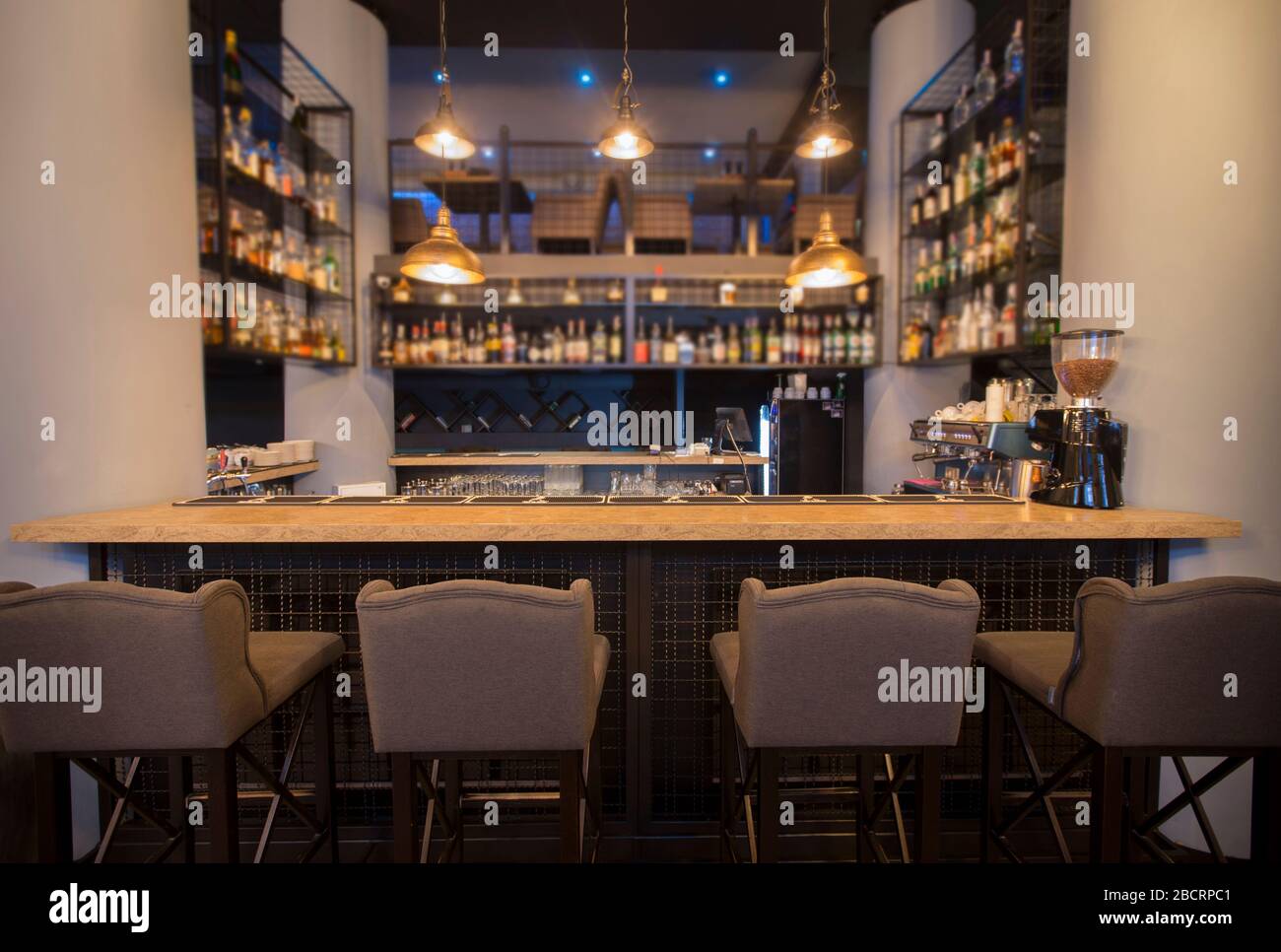 Different beverages on bar counter in modern cafe, online bar Stock ...