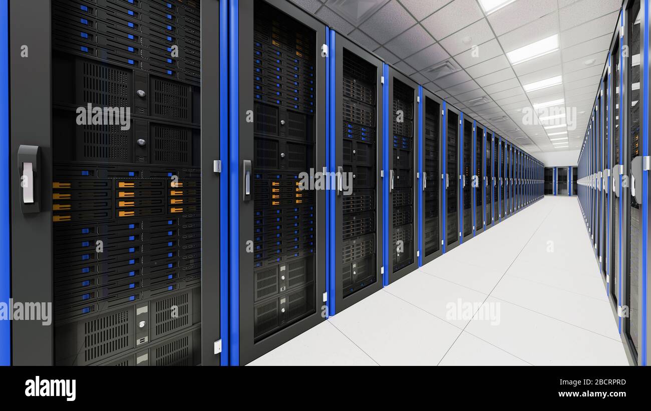 Inside the long server room tunnel interior. Corridor of racks at ...
